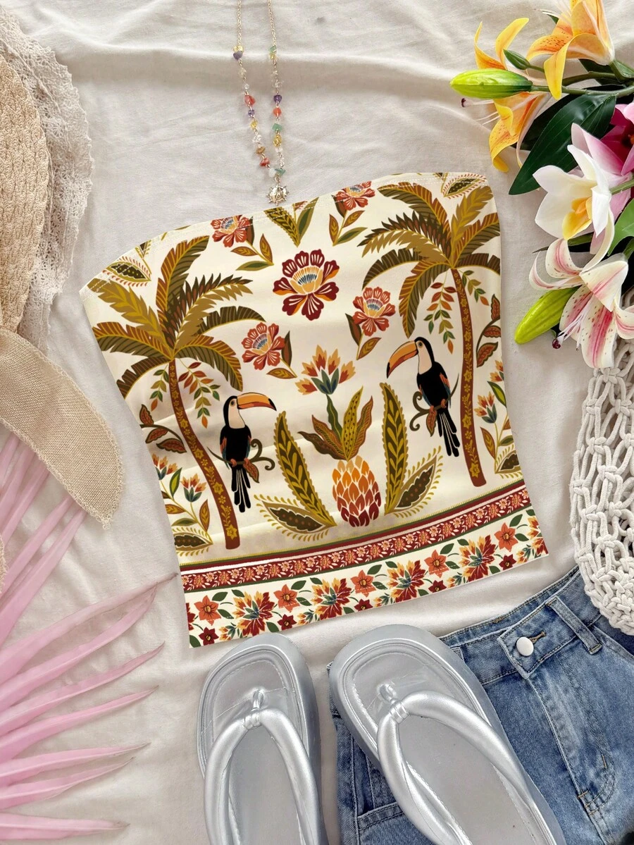 Soleia Lässiges Blusa-Top mit Insel/Küstenmotiv, Kokosnusspalme ...