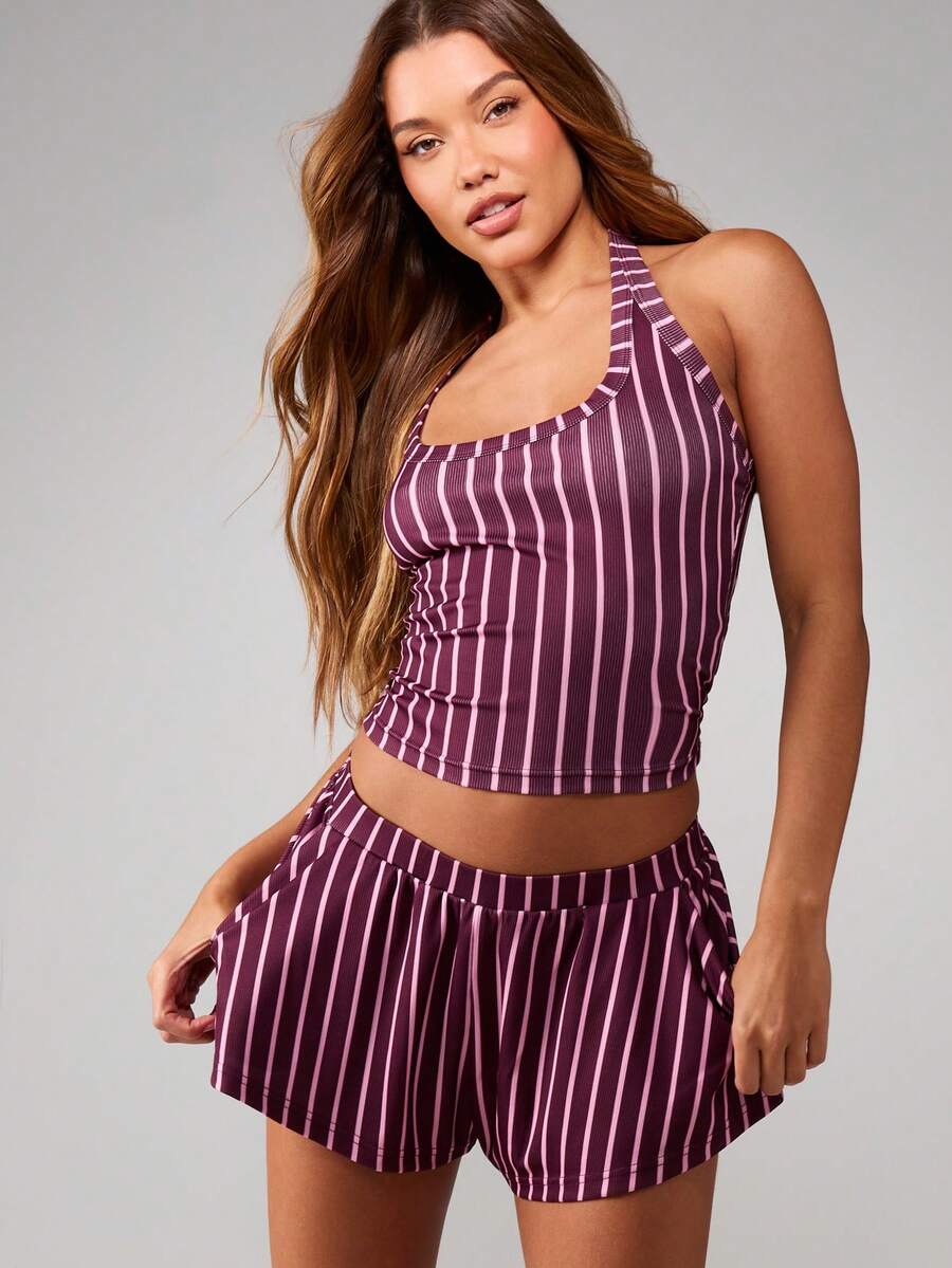 MISSGUIDED Halter Neck Ribbed Striped Lounge Set With Ruffle Details ...