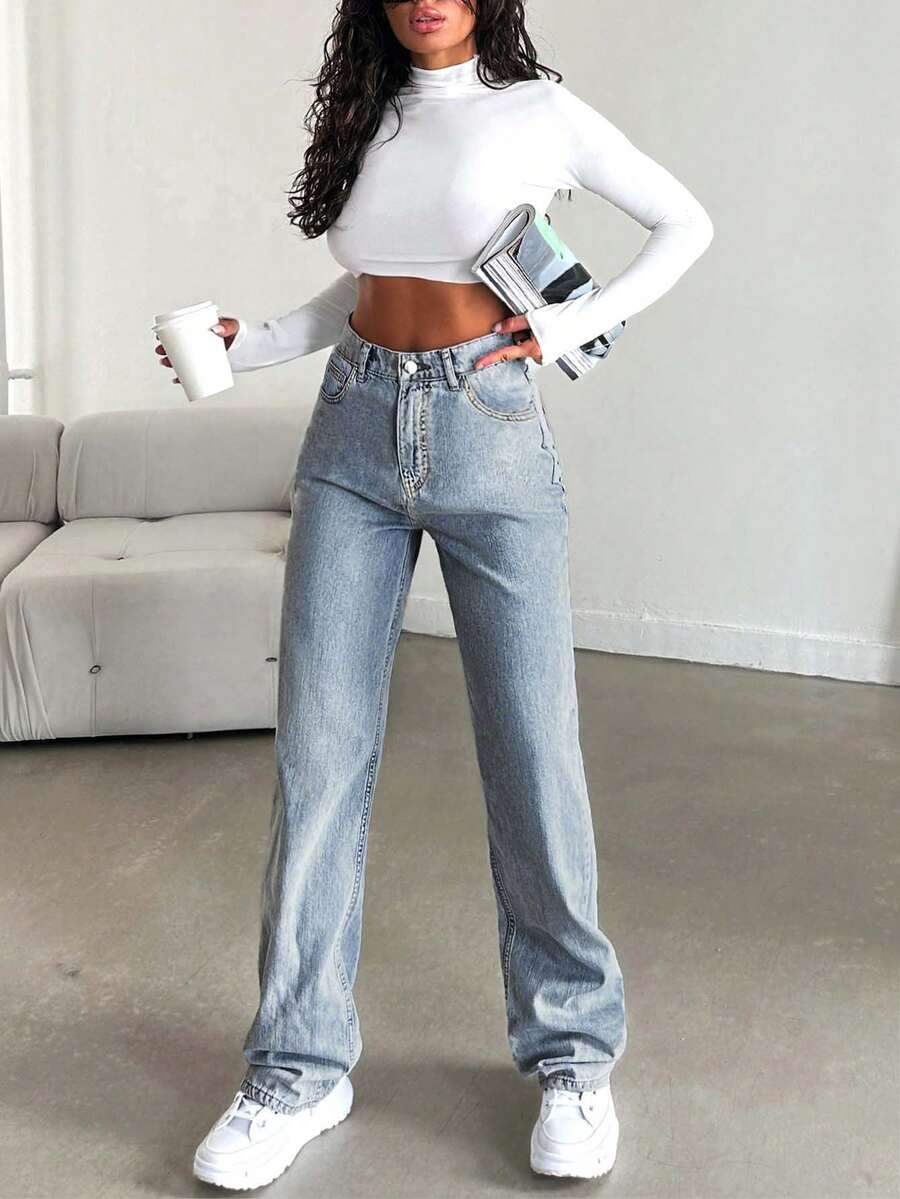SHEIN Tall Tall High Waist Snow Wash Straight Jean Cute Jeans Jeans Y2k ...