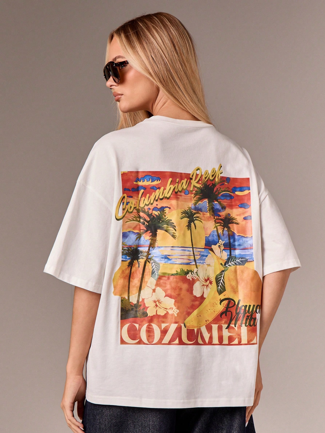 AiiRZ Oversized Graphic Back Crew Neck Cotton T-Shirt With Tropical ...