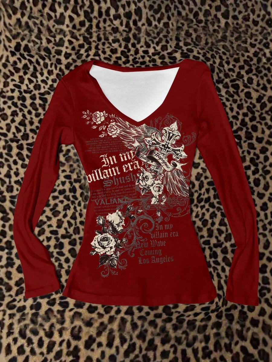 Attitoon Gothic Punk Butterfly Tattoo Print Wing Design V-Neck Casual Slim Fit Long Sleeve T ...