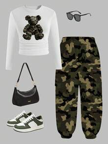 Sparklyn 2pcs Set: Camouflage Pants And Bow Print Top, Casual Fashion ...