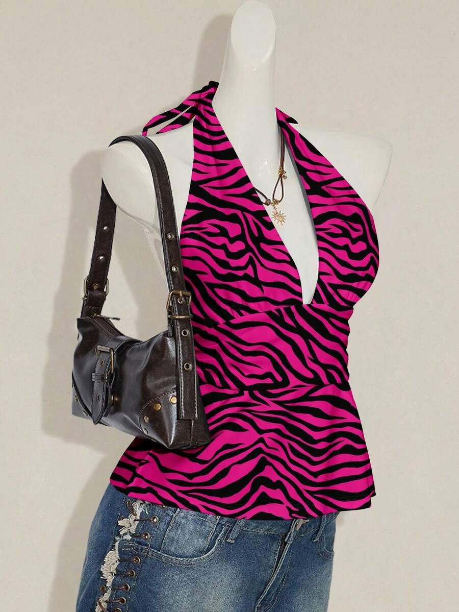 SHEIN ICON Women Y2k Pink Zebra Pattern Halter Deep V-Neck Leopard Wrap ...