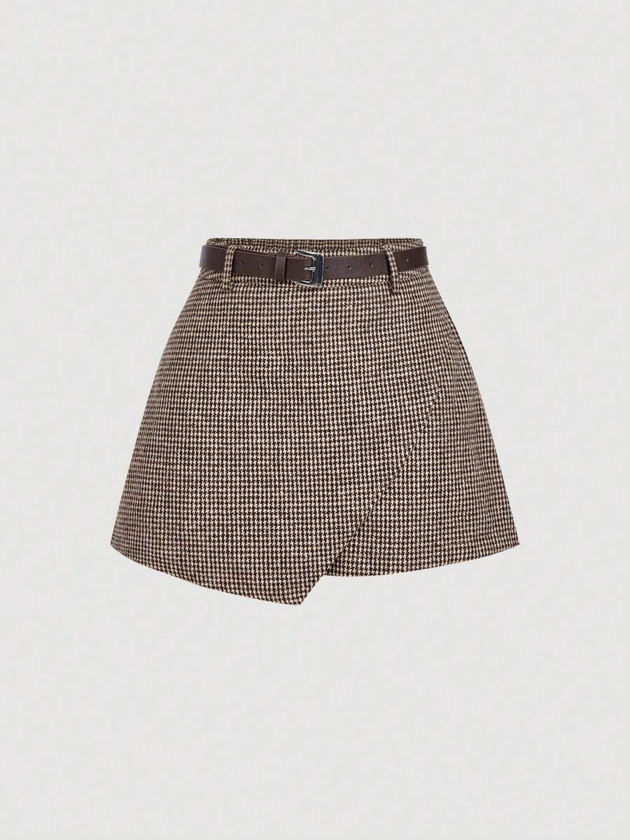 SHEIN MOD Khaki Houndstooth Wool Belted Side-Button Shorts – Vintage ...