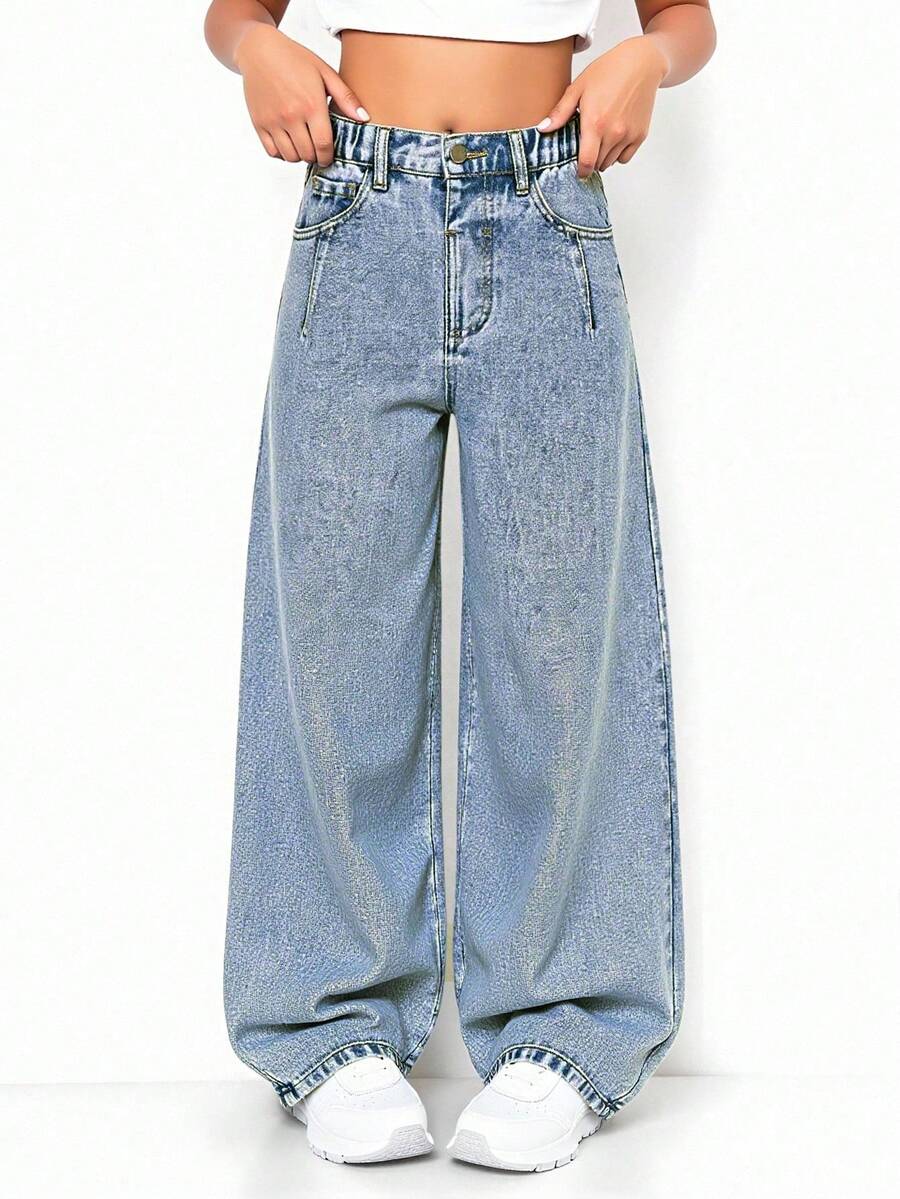 SHEIN Tween Girls Y2K Style Vintage Light Wash Loose Fit Wide Leg ...