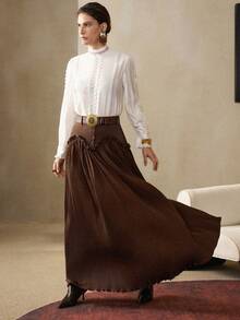 Arave Women's Pleated Patchwork A-Line High Waist Skirt With Frill Trim ...