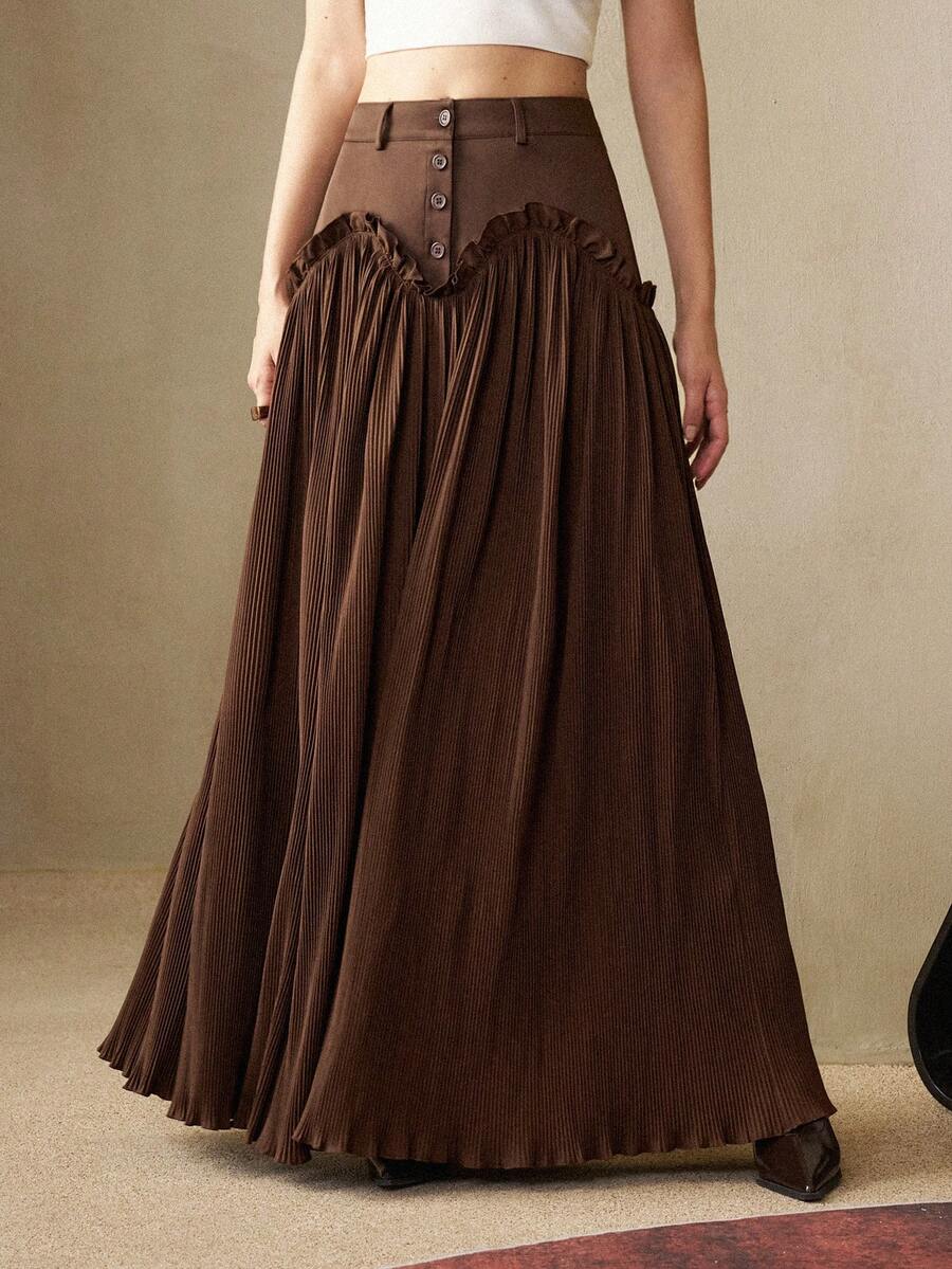 Arave Women's Pleated Patchwork A-Line High Waist Skirt With Frill Trim ...
