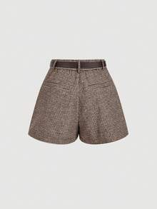 SHEIN MOD Khaki Houndstooth Wool Belted Side-Button Shorts – Vintage ...