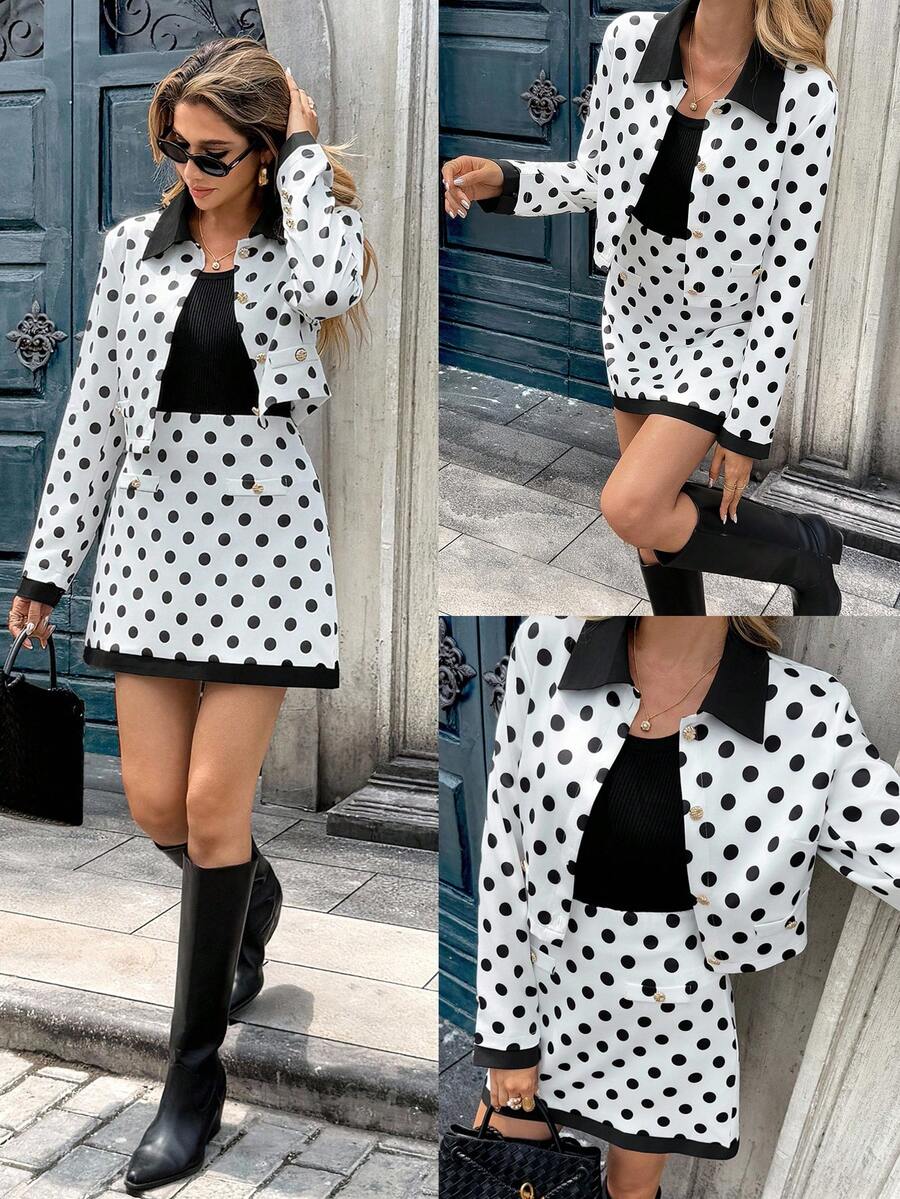 Chiquease French Classic Basic Button Short Sleeve Jacket + Short Skirt ...