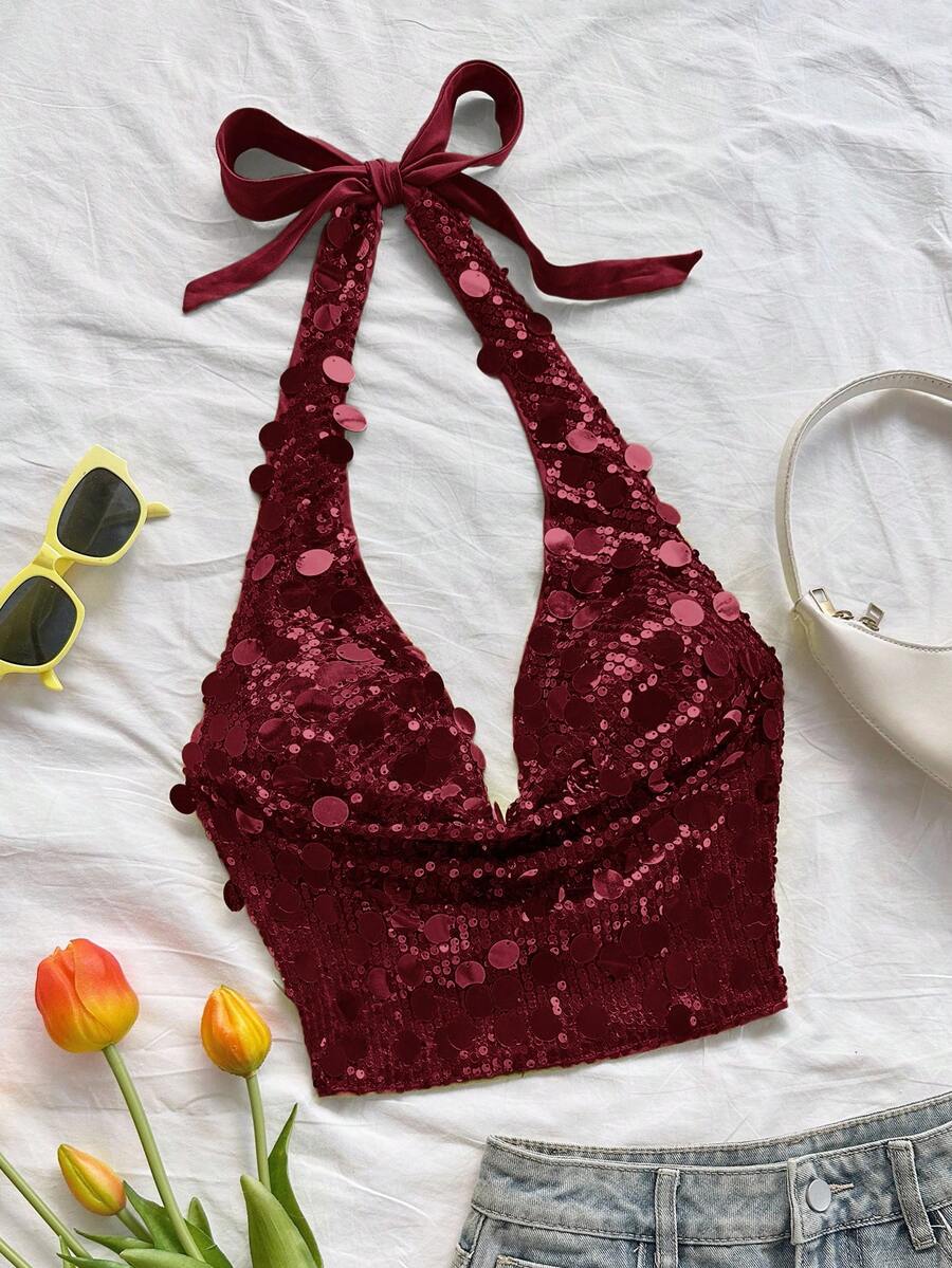 Soleia New Sequin Green Draped Neck Halter Tie Knot Blouse, Suitable ...