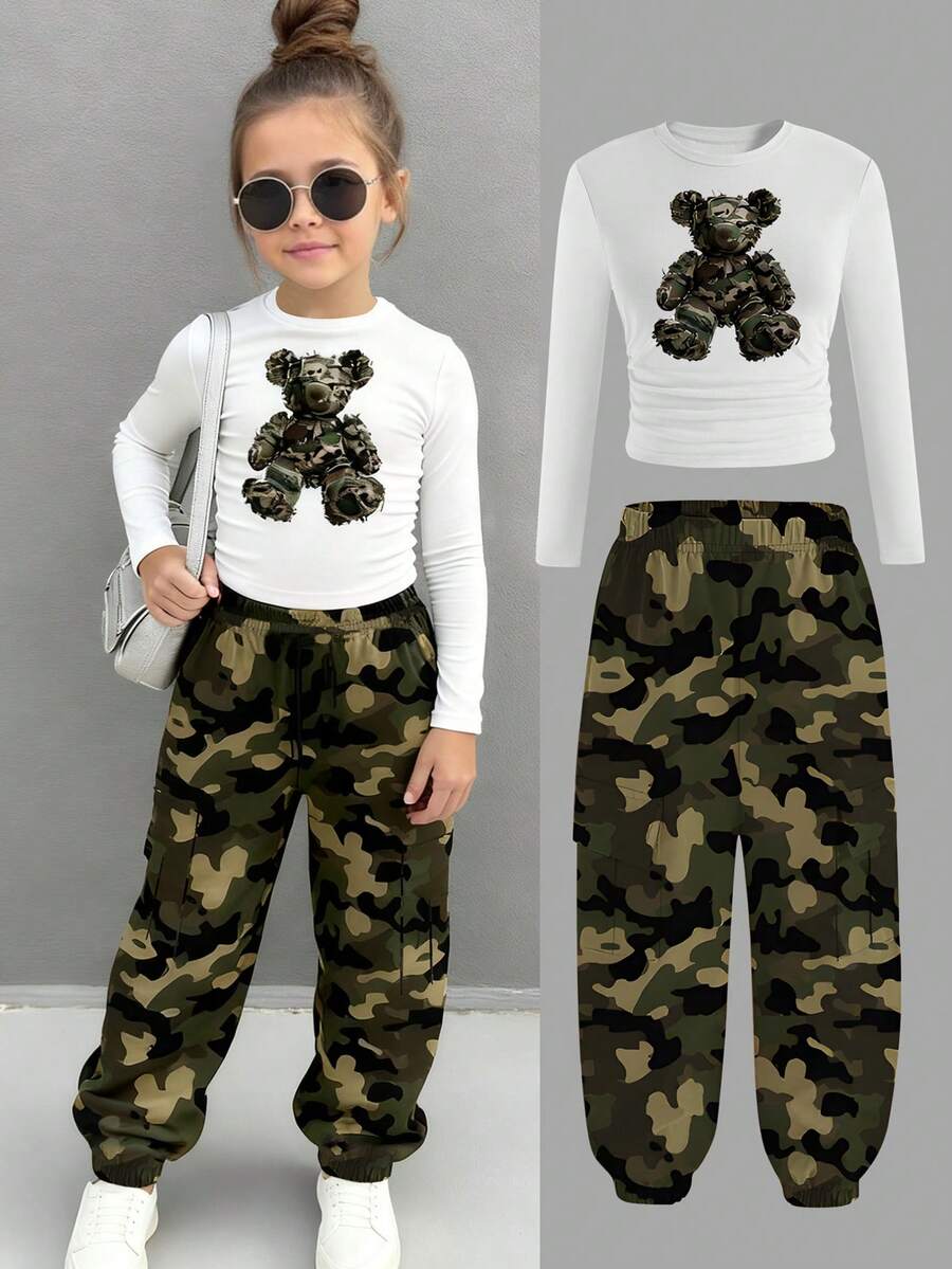 Sparklyn 2pcs Set: Camouflage Pants And Bow Print Top, Casual Fashion ...