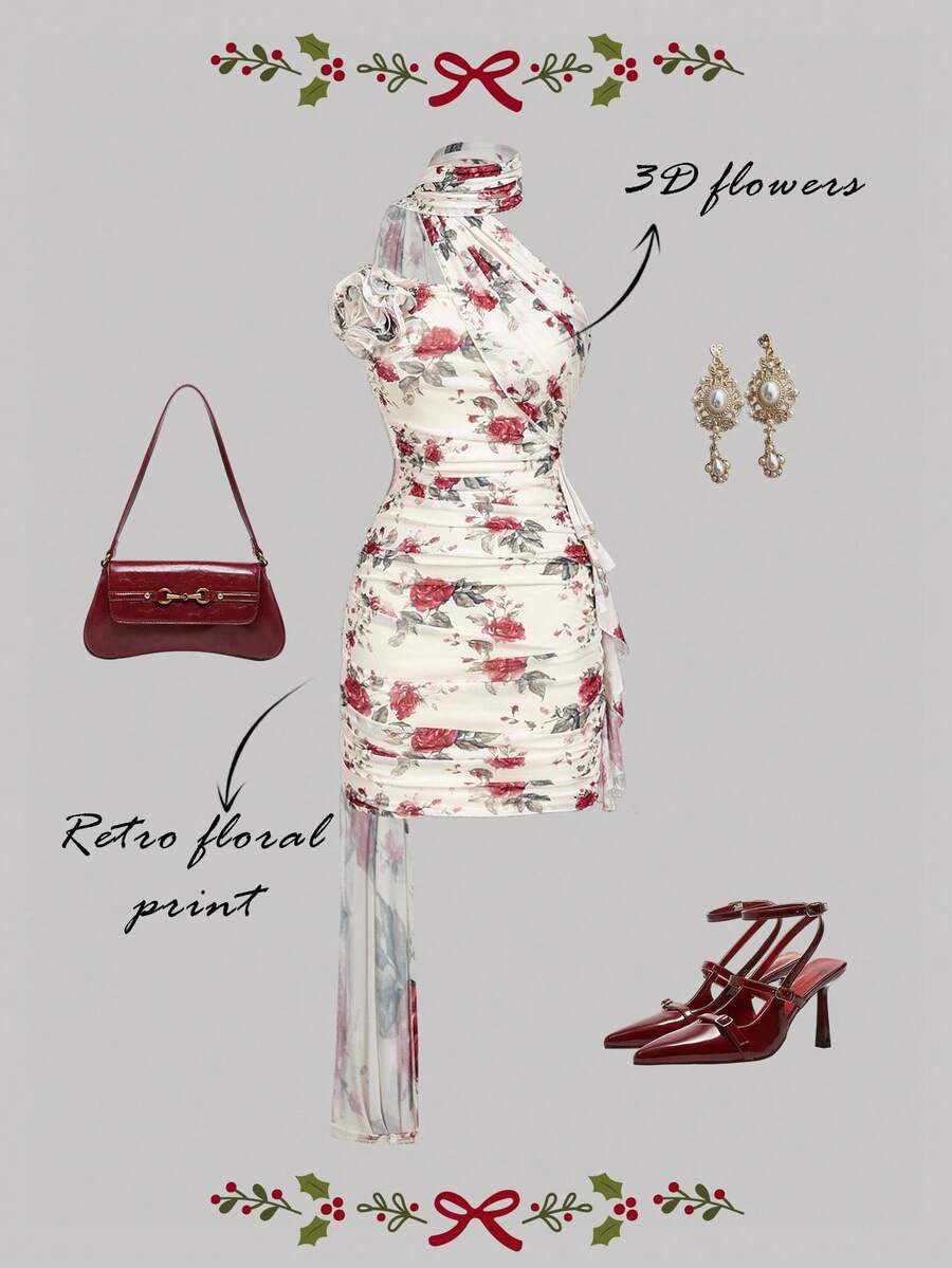 SHEIN MOD Vestido plisado con envoltorio de patrón floral vintage de ...