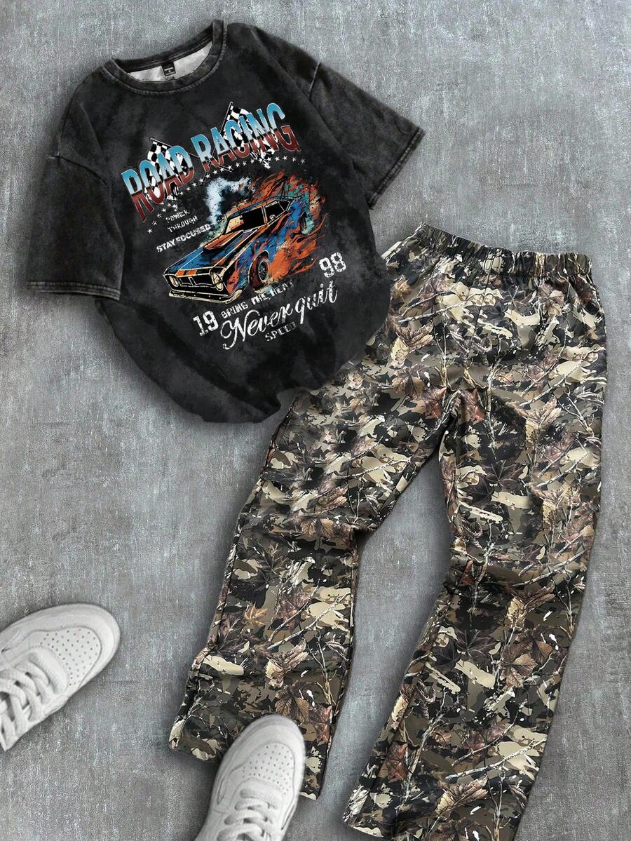 SHEIN Tween Boy 2-Piece Set: Casual Y2K Style Graffiti Portrait & Star ...