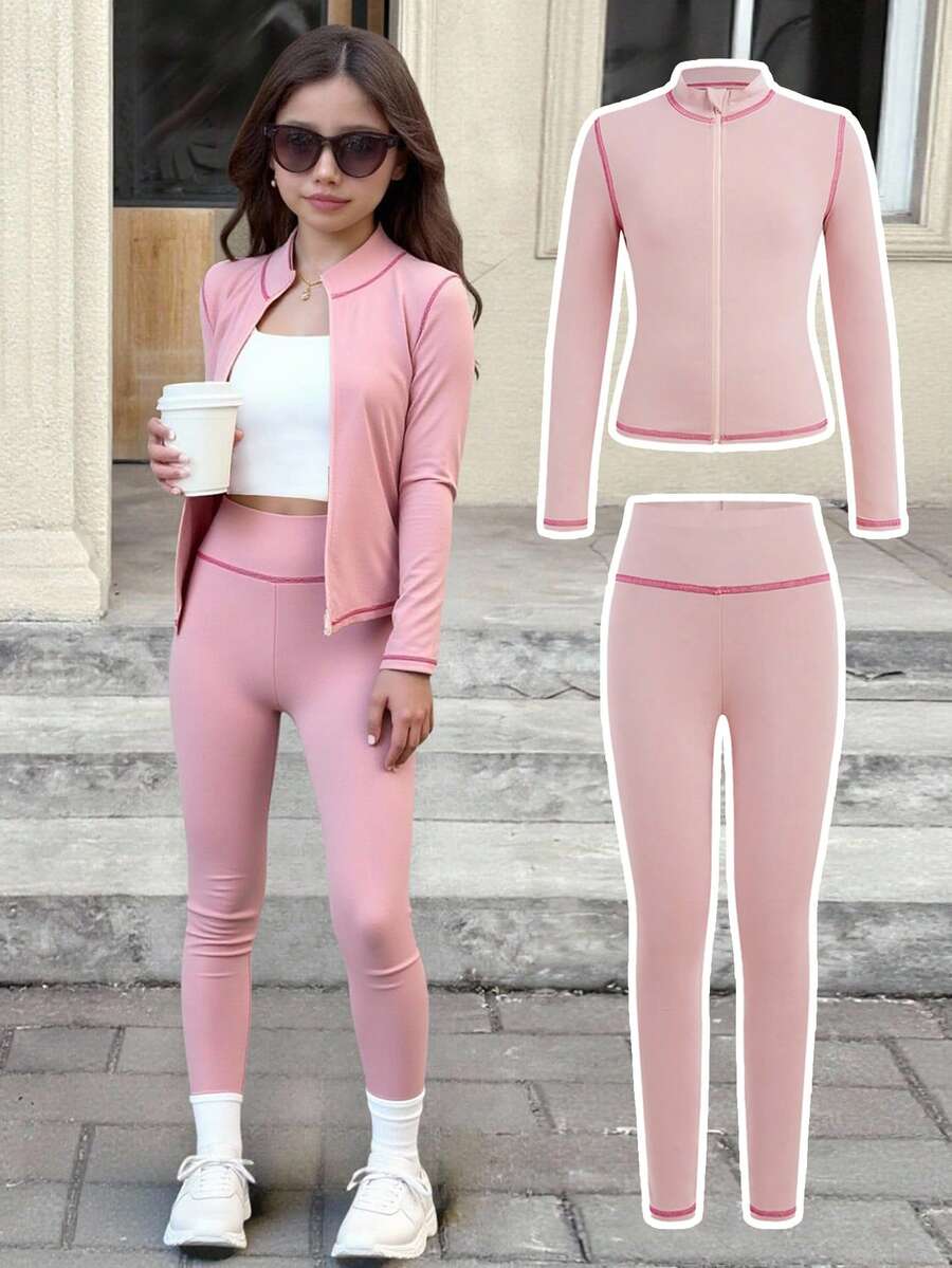SHEIN Tween Girls Casual Colorblock Pipping Solid Pink Yoga Sports ...