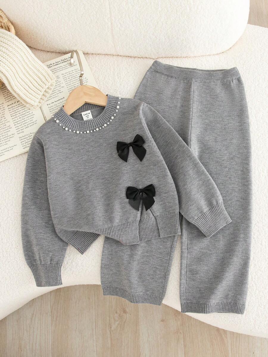 Girls' Round Neck Long Sleeve Top And Pants Set With 3D Bow And Beaded ...