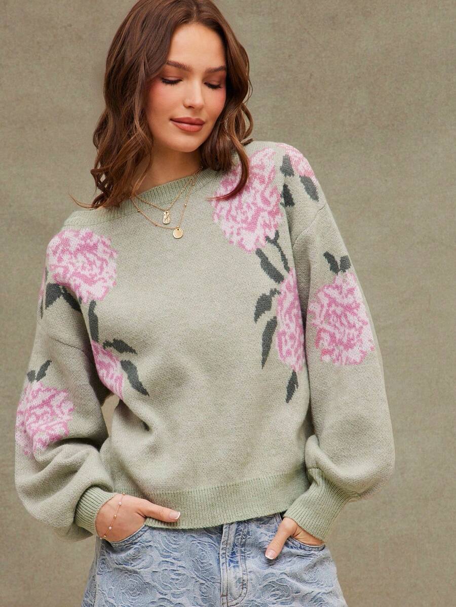 WESTFADE Langes Strickpullover mit Country Western Blumen Intarsien ...