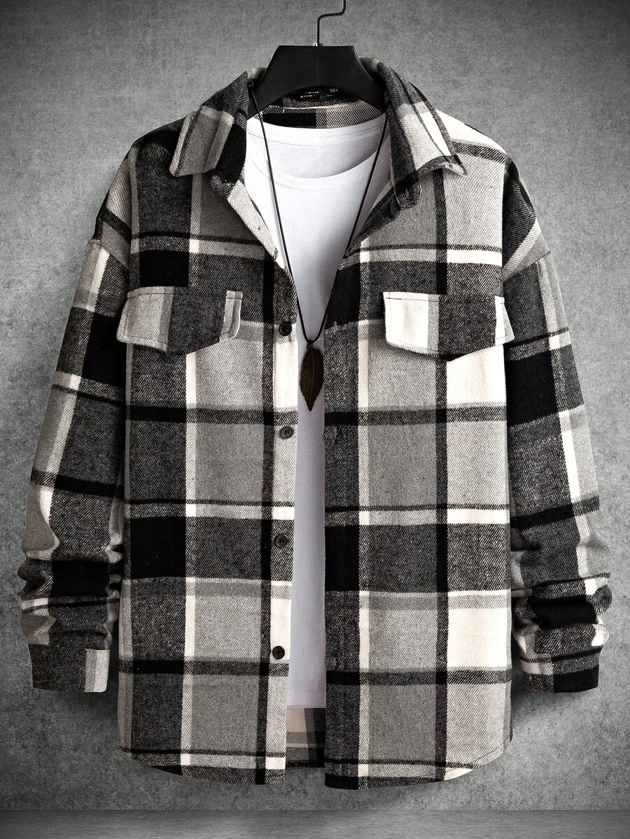 Manfinity Homme Loose Fit Men's Long Sleeve Plaid Flap Detail Drop ...