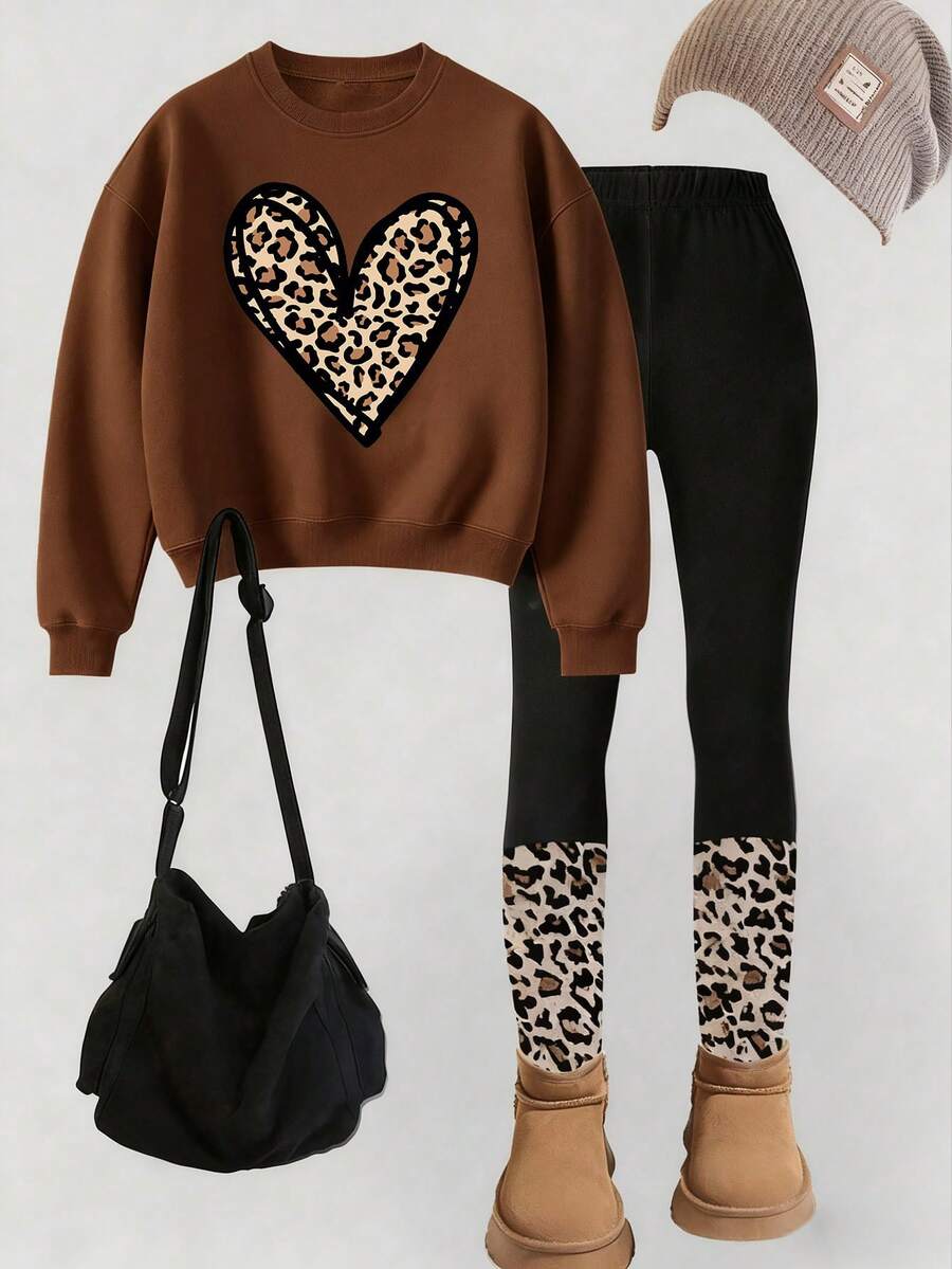 Conjunto Casual Chique de Moletom com Estampa de Leopardo e Coração e ...