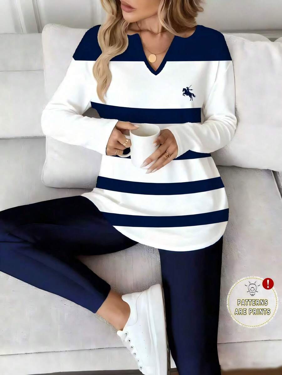 SHEIN LUNE 2pcs/Set Women Casual Striped Pattern Long Sleeve T-Shirt ...