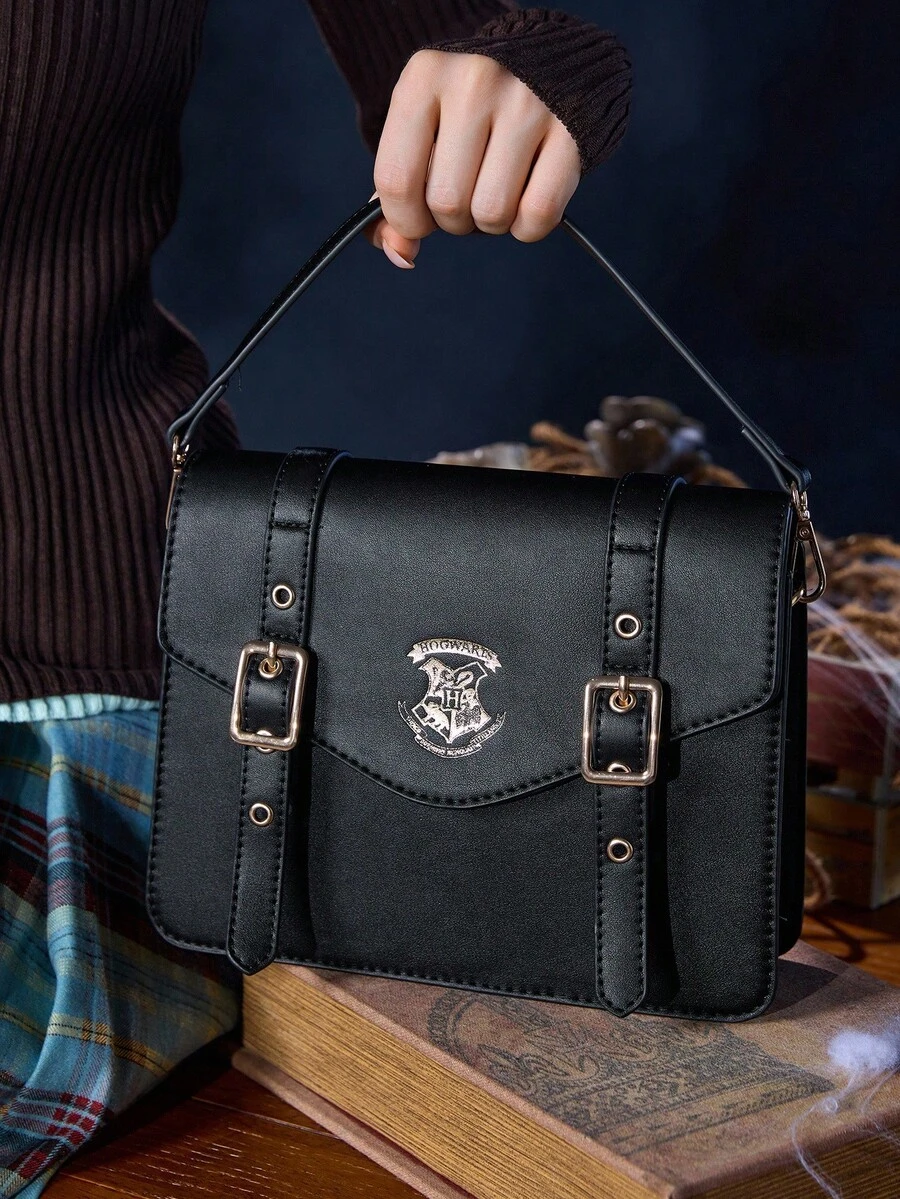 HARRY POTTER X SHEIN Golden Logo Satchel Bag, Black Vintage School ...