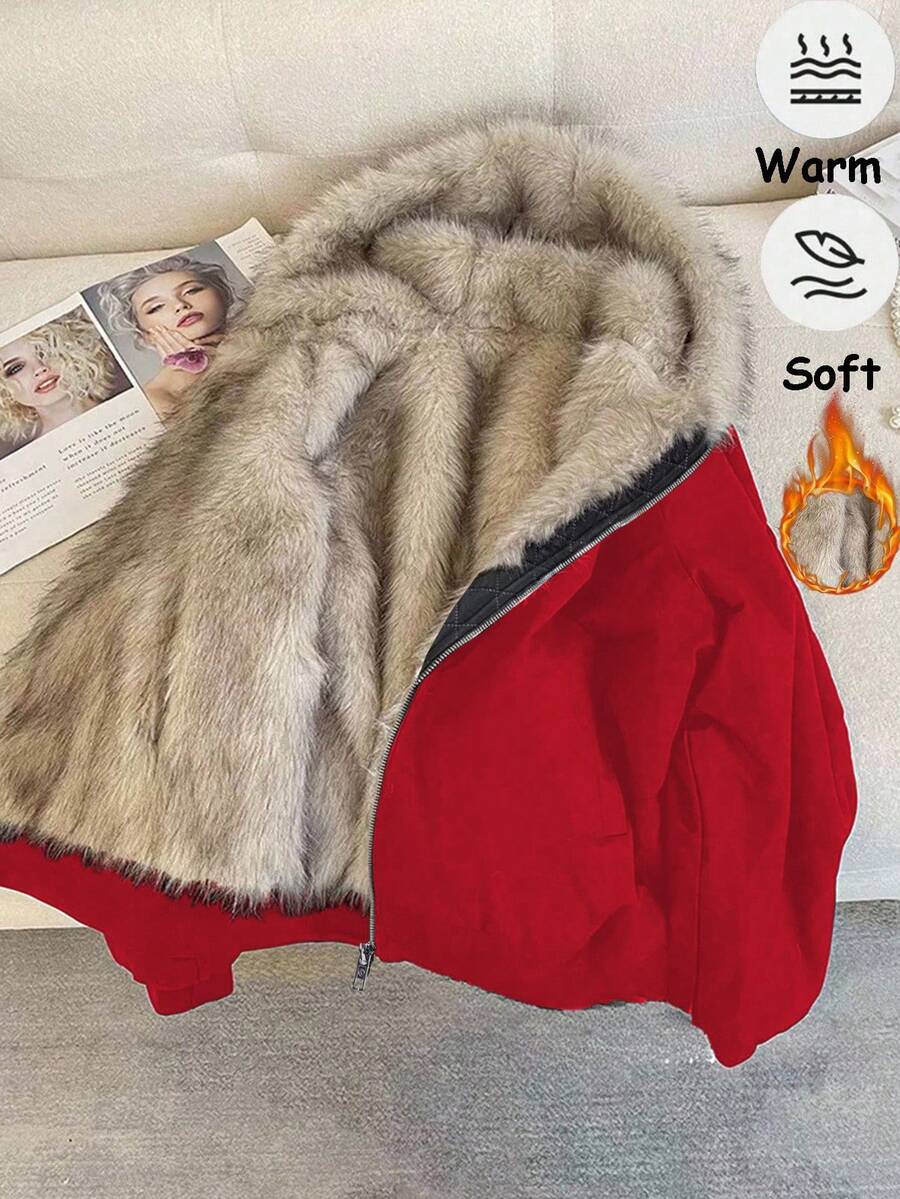 Franclia Fashionable & Elegant Casual Hooded Faux Fur Patchwork Thick ...