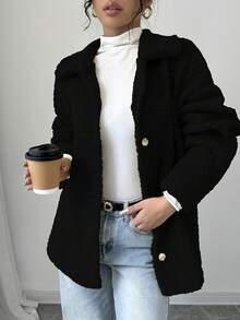 Elenzga Damen Einfarbige Lässige Knopf-Revers Jacke mit Kunstfell ...