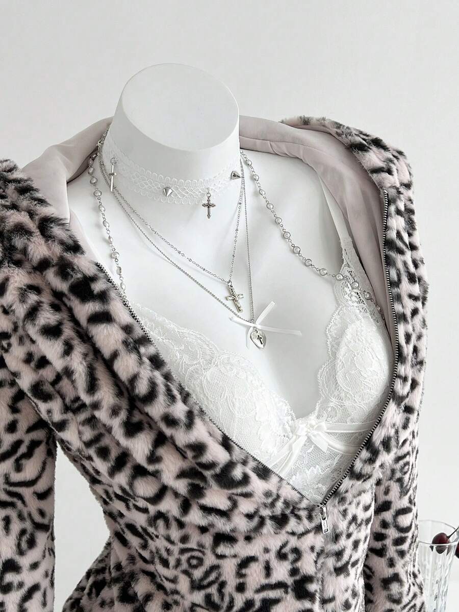 Elamini Women's Leopard Print Fuzzy Fitted Hooded Jacket, Autumn/Winter ...