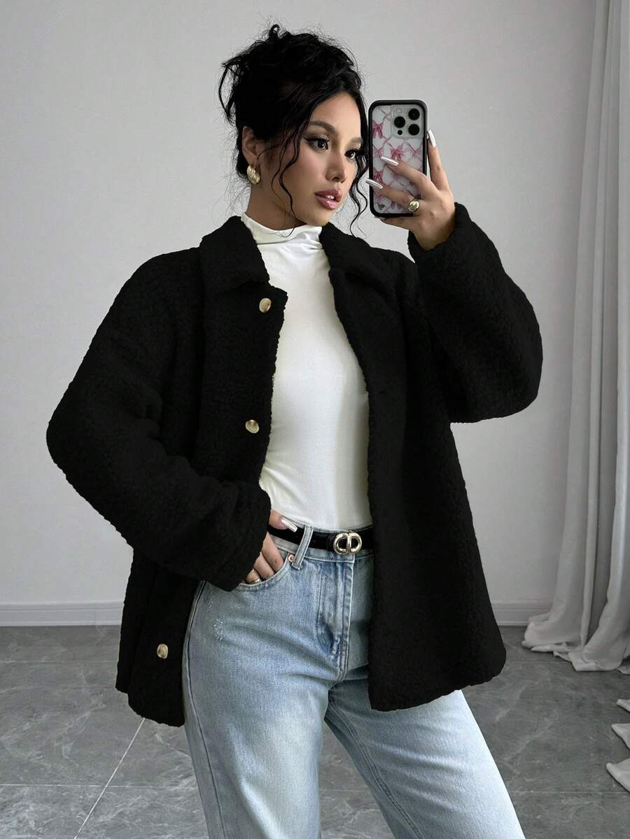 Elenzga Damen Einfarbige Lässige Knopf-Revers Jacke mit Kunstfell ...