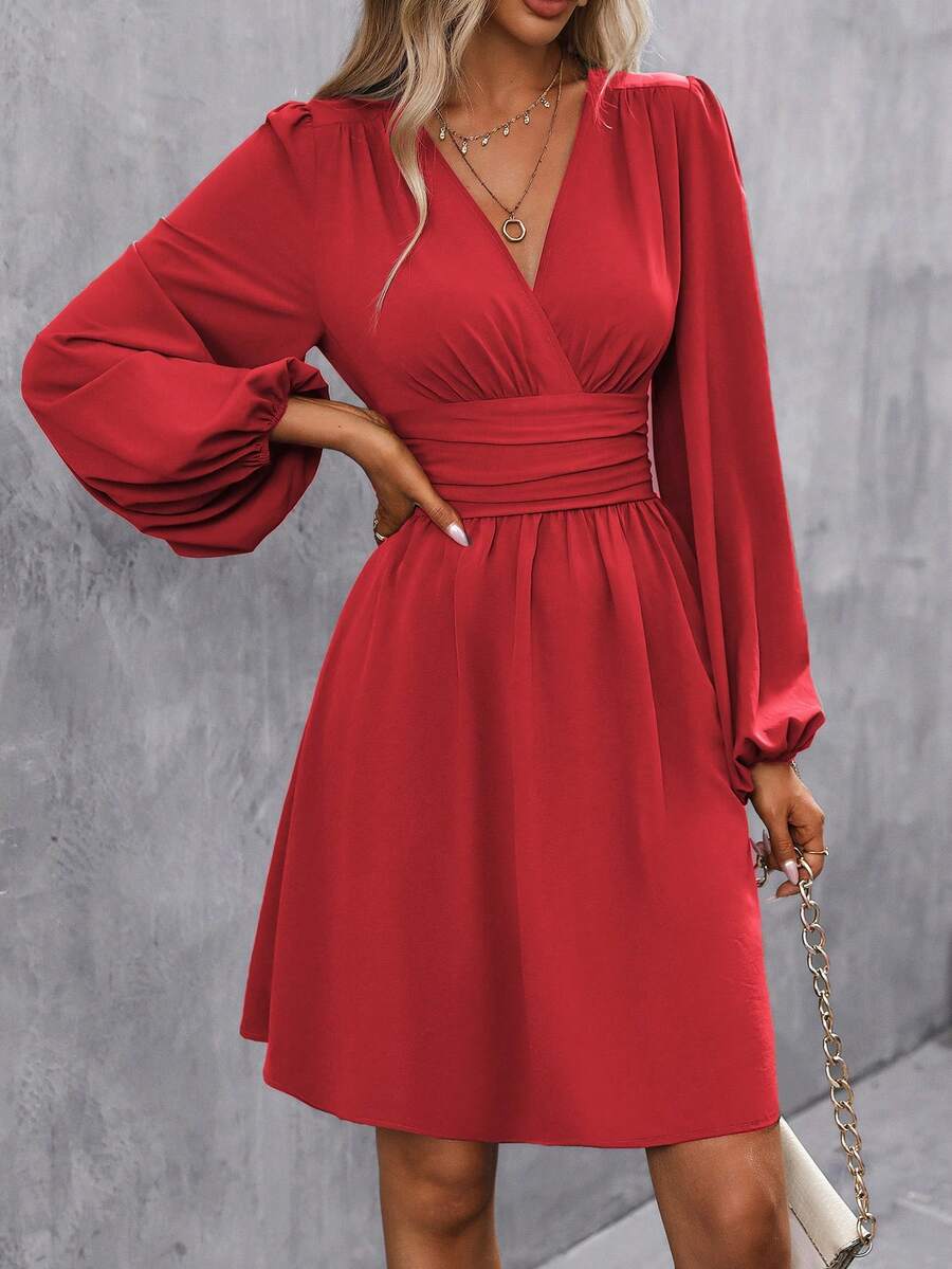 EMERY ROSE Women's Autumn Simple Solid Color V-Neck Cinched Waist ...