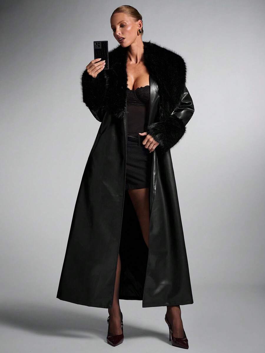 SHEIN BAE Cappotto lungo e pelliccia sintetica con inserti, stile moda ...