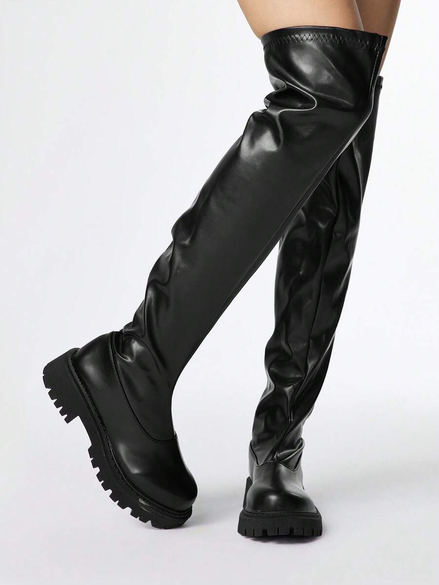 Sugerpunk Damen modische Einfarbige Stiefel mit dicker Sohle, Overknee ...