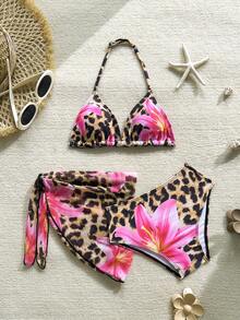 SHEIN 3pcs/Set Tween Girl Leopard & Lily Flower Print Halter Top ...