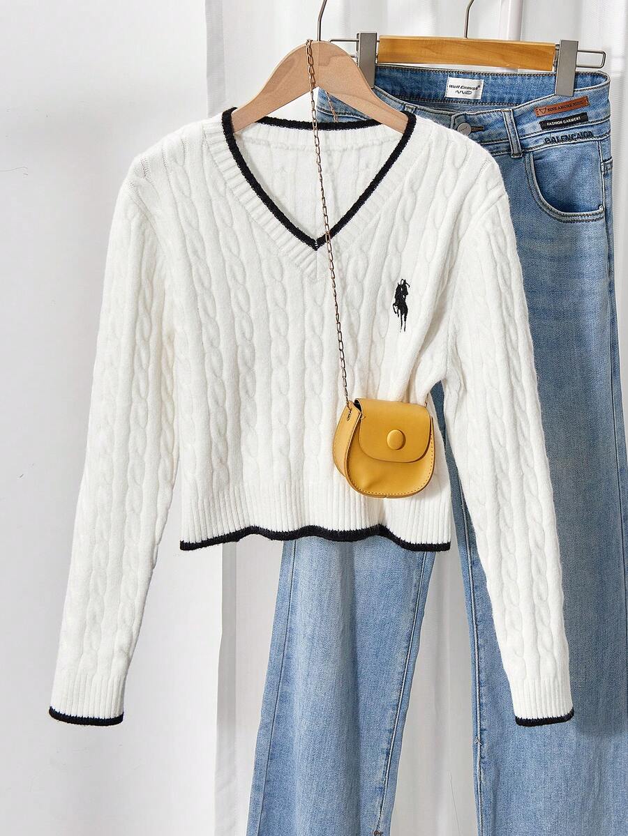 SHEIN Suéter de mujer de manga larga con cuello en V minimalista en ...