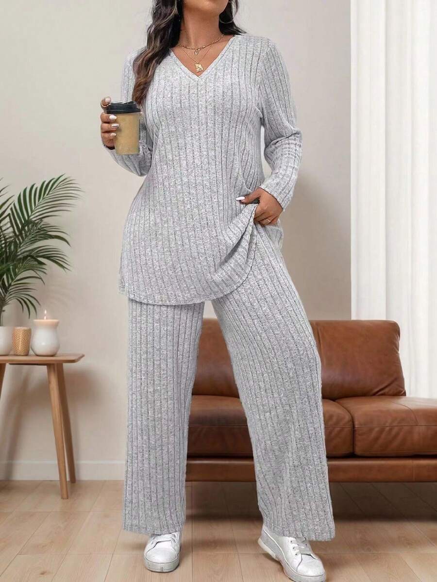 SHEIN PETITE CURVE 2pcs/Set Plus Size V-Neck Long Sleeve Top And Long ...