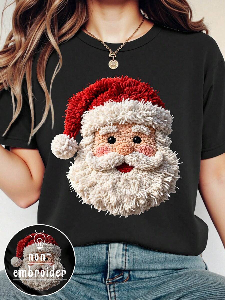 EMERY ROSE Christmas Themed Plush Santa Claus Printed Casual Plus T ...