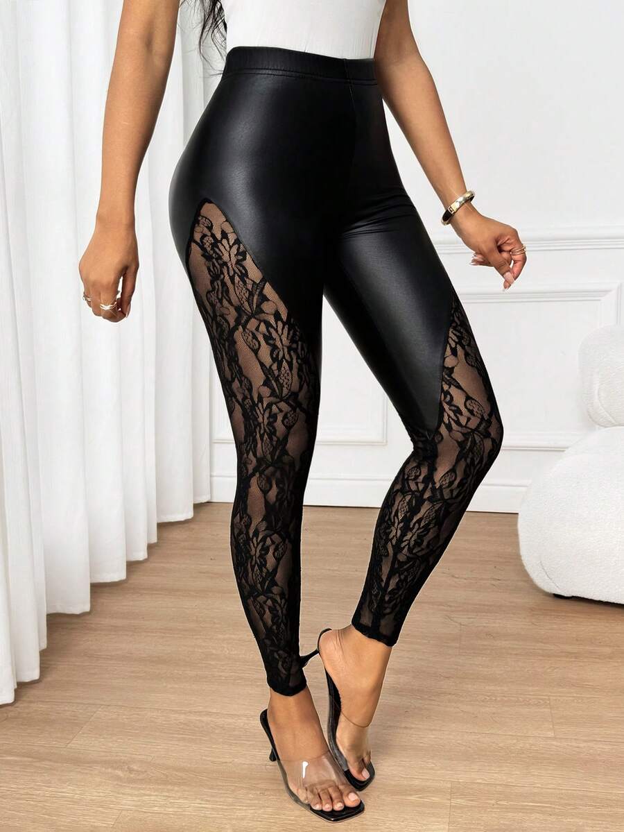 SHEIN Lady Women's Leggings For All Seasons, Lace Patchwork Fabric ...