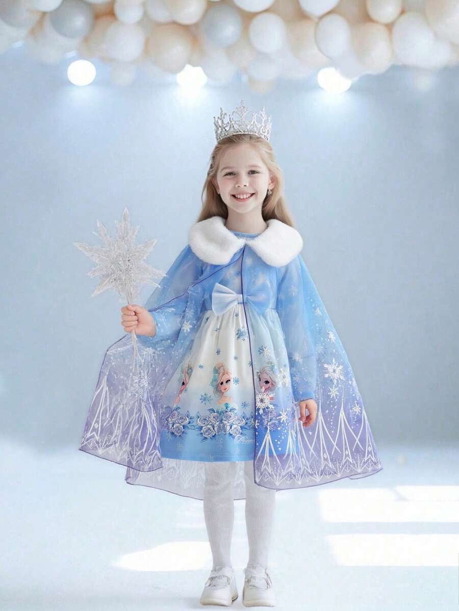 SHEIN Girls Frozen Princess Style Round Neck Long Sleeve Dress + Mesh ...