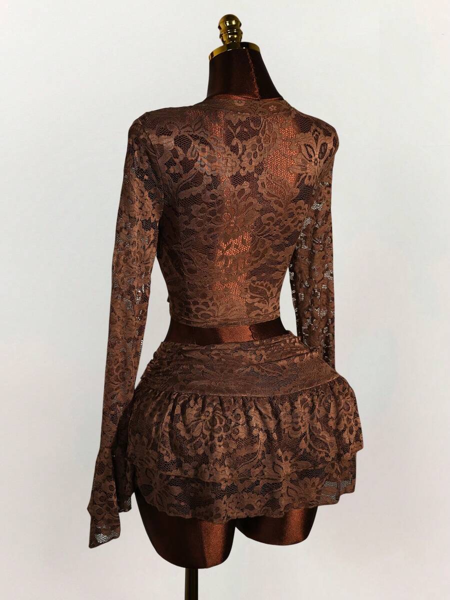 Y2K Amplova Vintage Sexy Sheer Lace Deep V-Neck Crop Top & Low Waist A ...