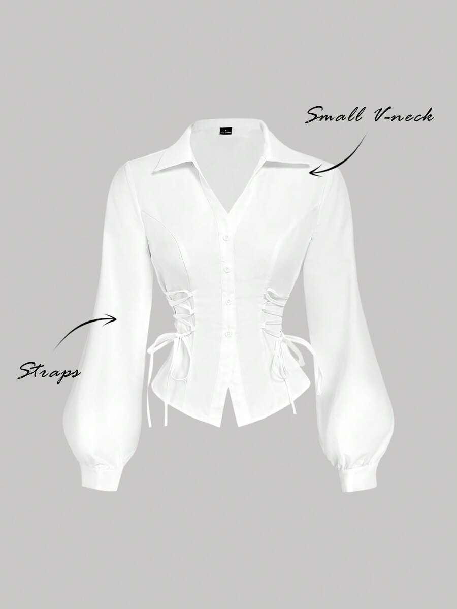 SHEIN MOD Women's Elegant Lantern Sleeve Tie-Waist White Blouse,Summer ...