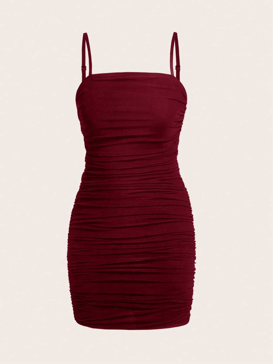 SHEIN EZwear Women's Simple Solid Color Pleated Fitted Mini Slip Dress ...