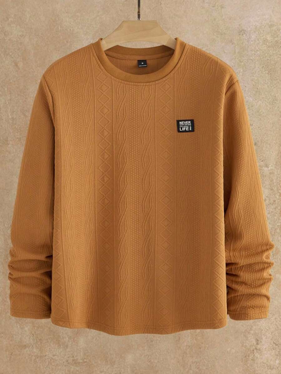 HIMLAND Men's Solid Color Round Neck Long Sleeve Casual Embossed ...