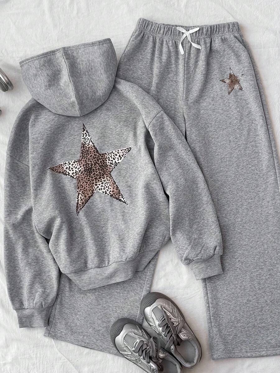 SHEIN Teenager Mädchen Set aus Leopard Muster & Stern-Muster Hoodie und ...