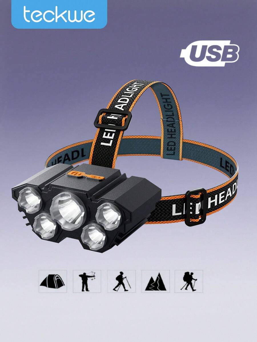 Teckwe 1ชิ้น ไฟฉายคาดหัว 5 หัวแสงจ้า ไฟ Led สำหรับตกปลา ไฟฉายกันน้ำแบบ ...