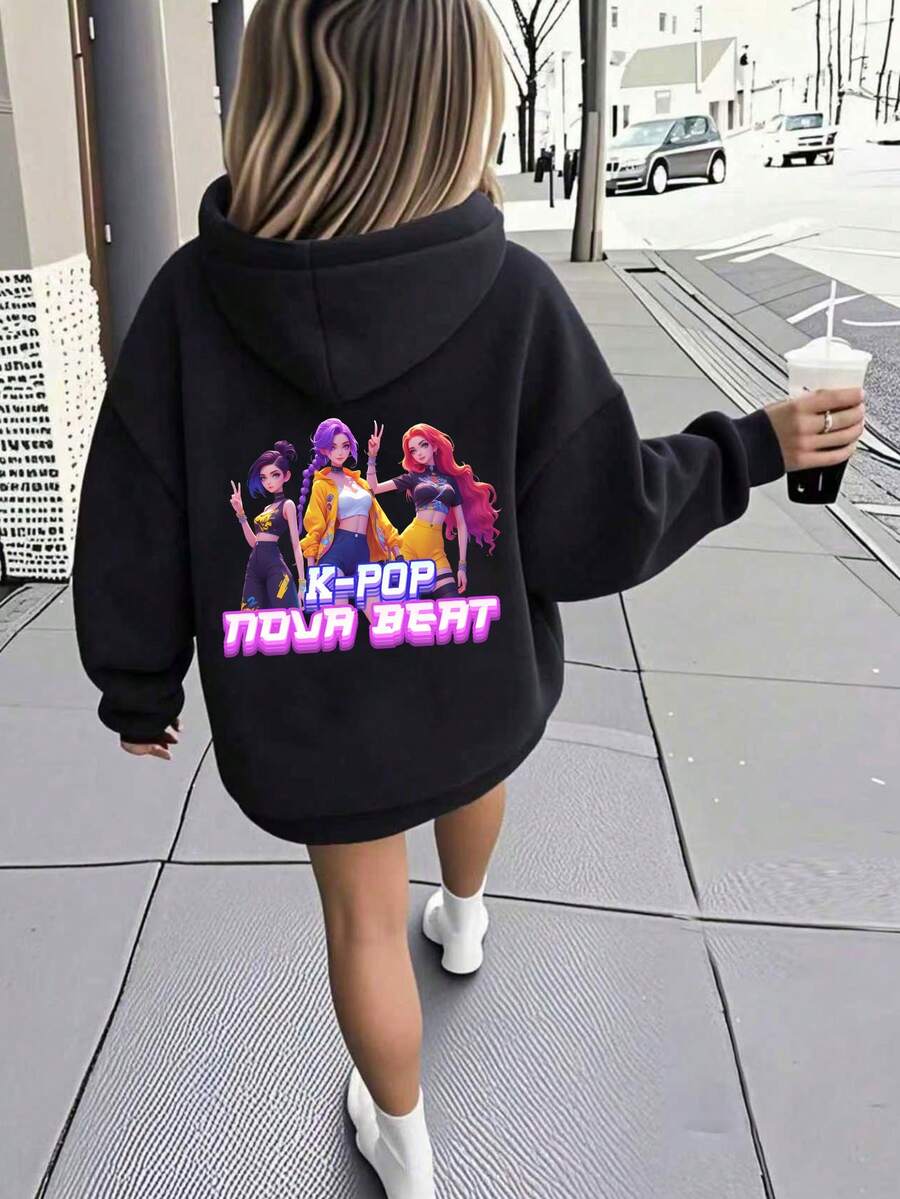 Explorewe Lässiger, süßer Cartoon-Kapuzenpullover mit K-POP NOVA BEAT-Grafik für Kleine Mädchen ...