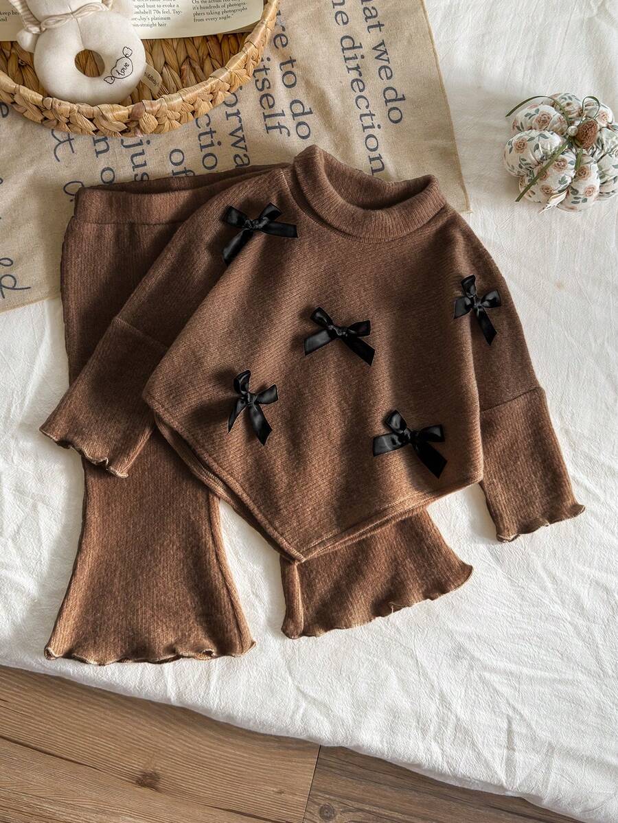 SHEIN 2pcs Baby Girls' Bow Decor Knitted Set, Light Apricot Turtleneck ...