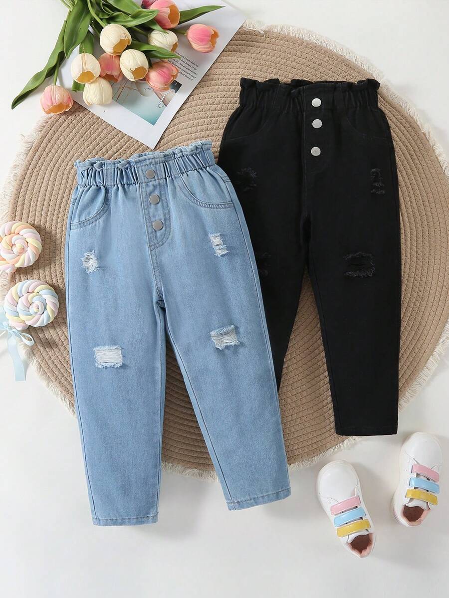 2pcs/Set Casual Style Girls Jeans, Distressed Ripped Denim With Waist ...