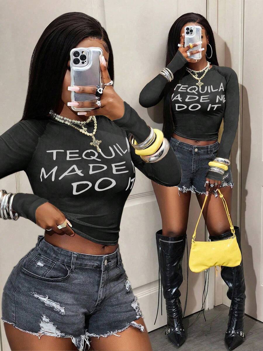 BamGleam Women's Slogan Print Round Neck Raglan Sleeve Cropped Fitted ...