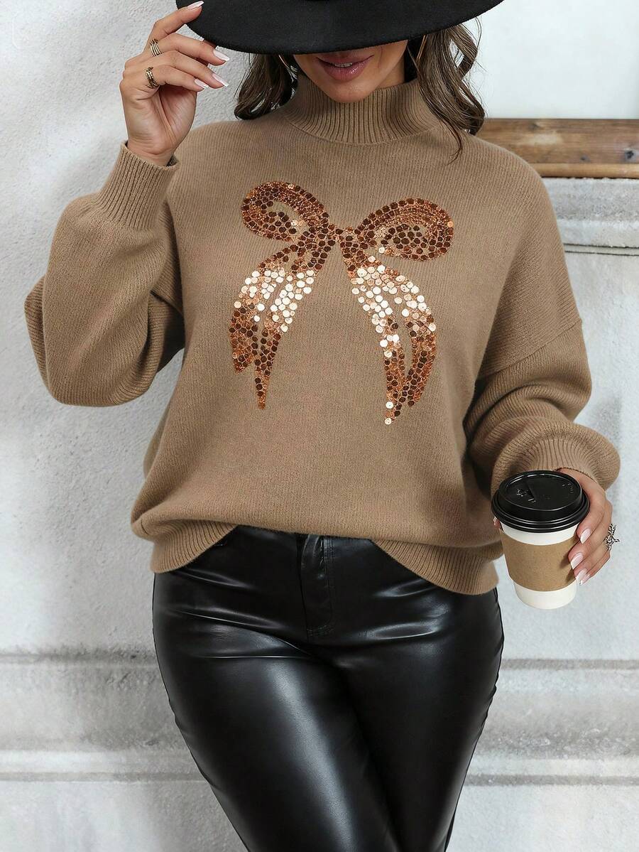 EMERY ROSE Plus Size Women's Sequin Bow Pattern Loose Fit Turtleneck ...