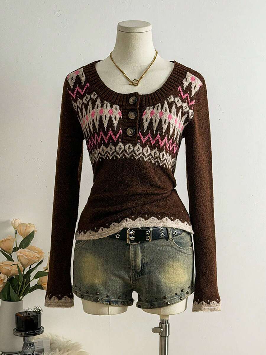 Sweetra Damen einfarbiger süßer Lässig U-Ausschnitt Knopf Taille ...