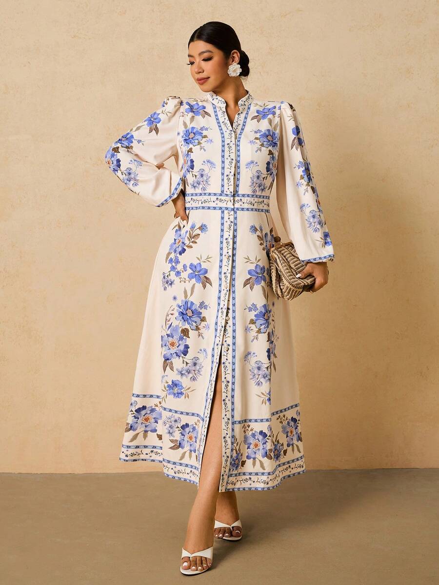 Travachic Vestido Longo Maxie com Decote em V, Manga Longa e Estampa ...